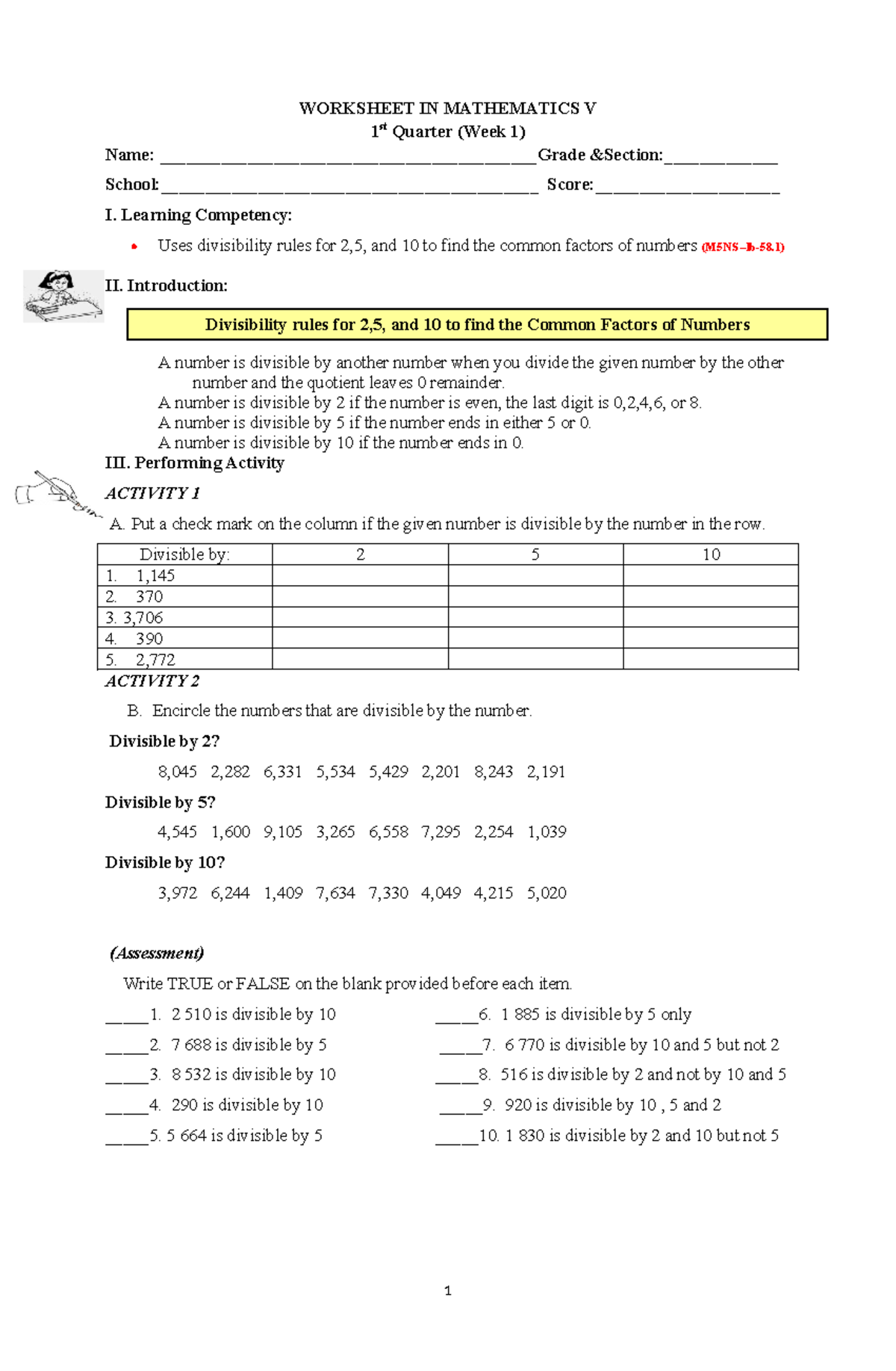 Math 5, Quarter 1 - week 1 to 2 - WORKSHEET IN MATHEMATICS V 1 st ...