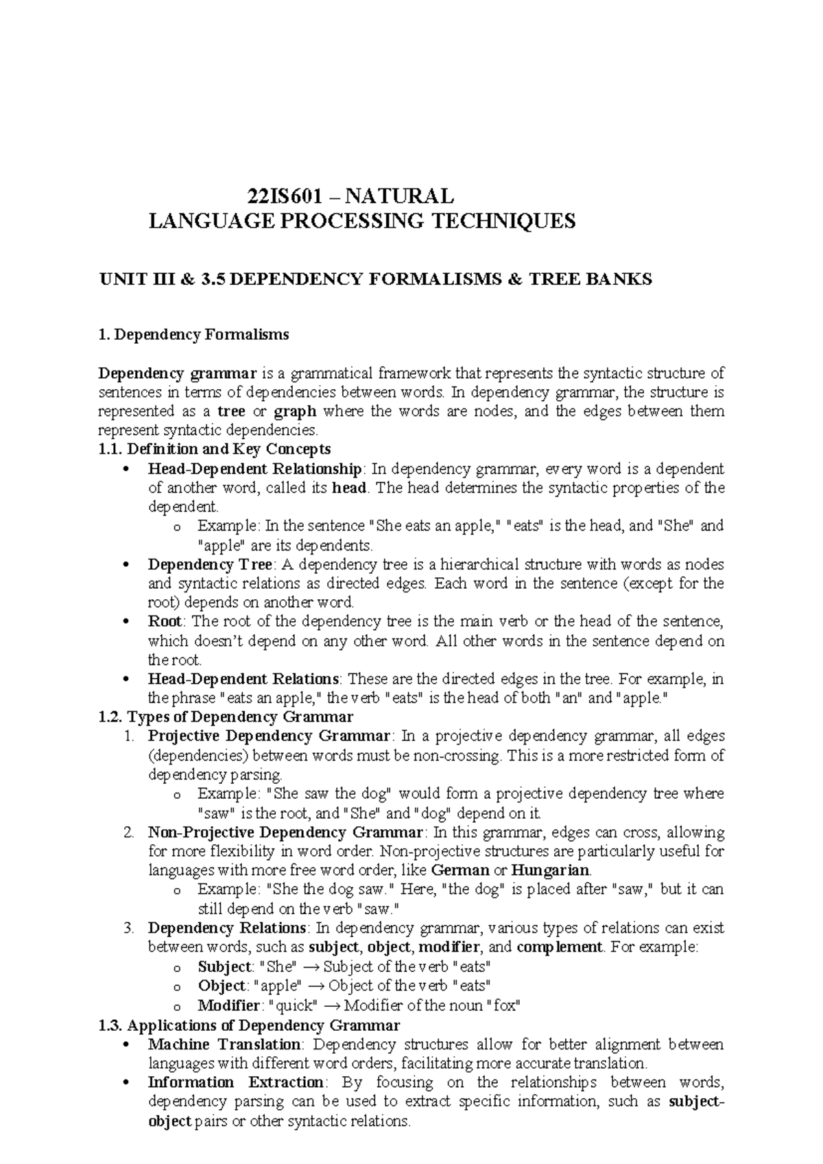 22IS601 NATURAL LANGUAGE PROCESSING UNIT 3.5: Dependency Formalisms ...