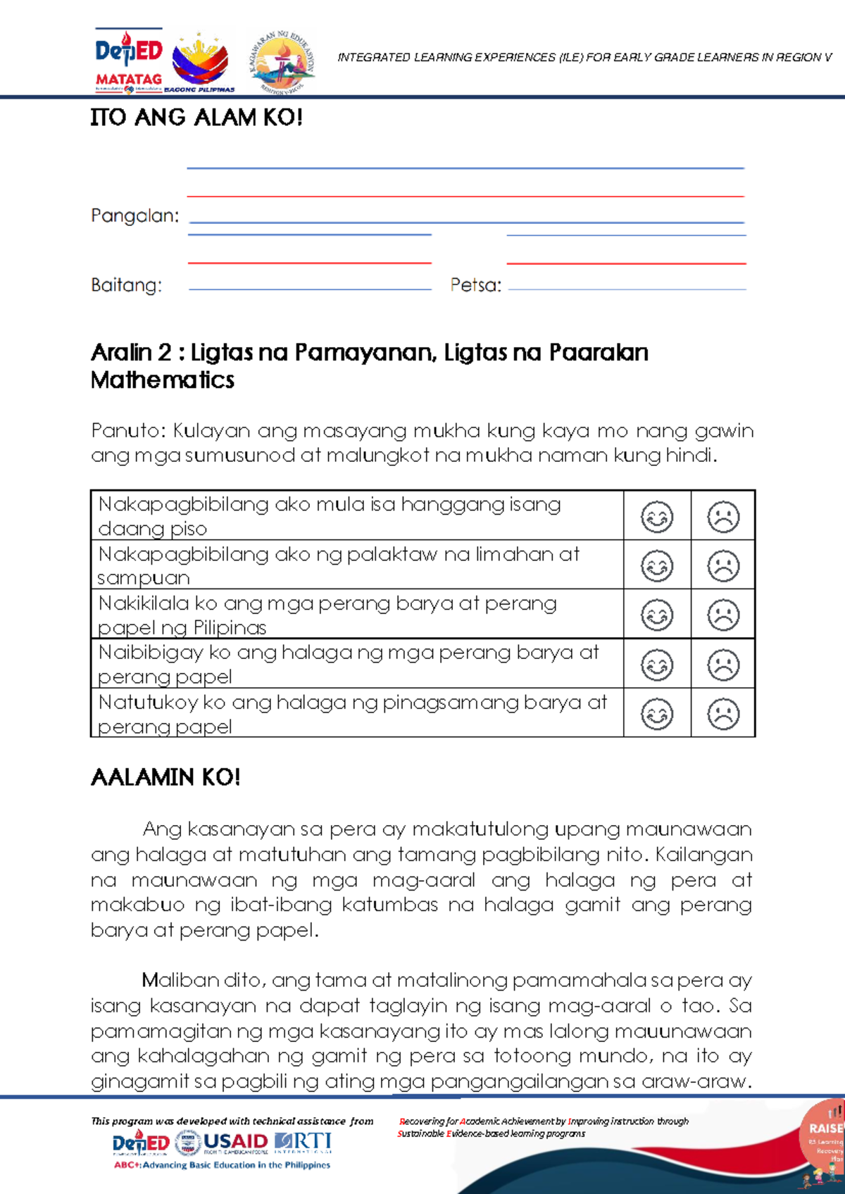 MATH1_Q4_L2_Worksheet: Ligtas na Pamayanan at Halaga ng Pera - Studocu