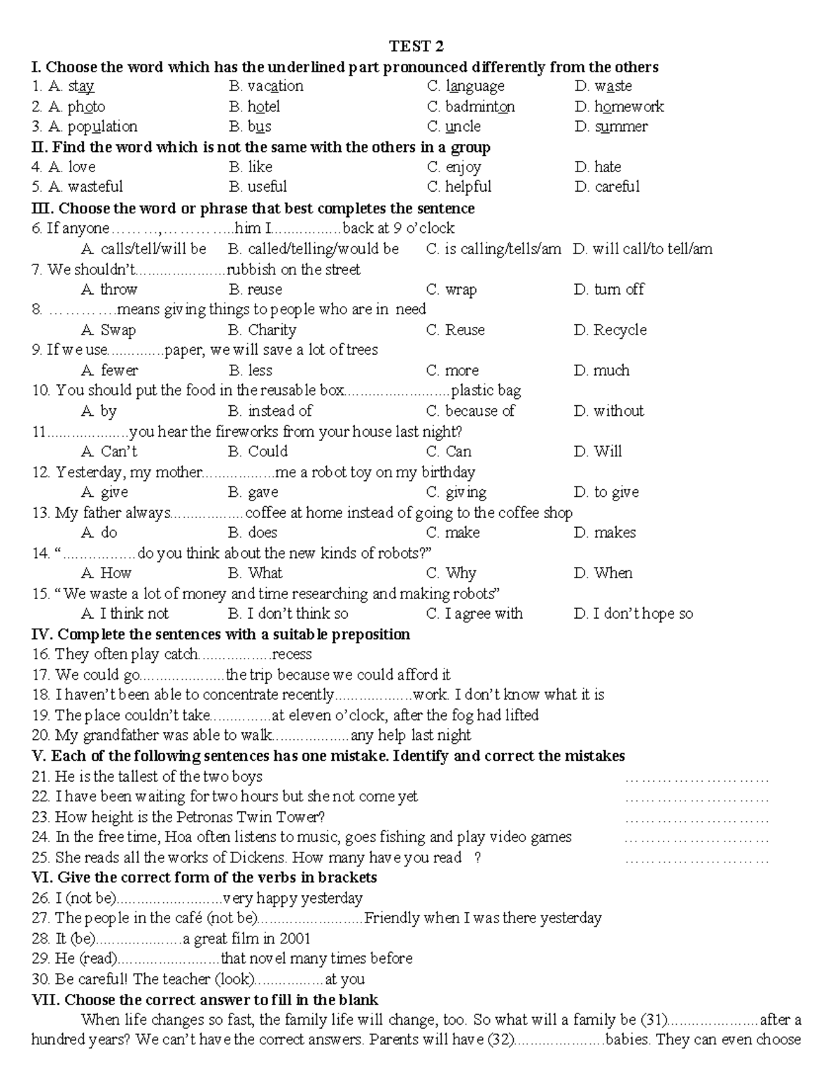 TEST 2 - Pronunciation, Vocabulary, and Grammar Exercises - Studocu