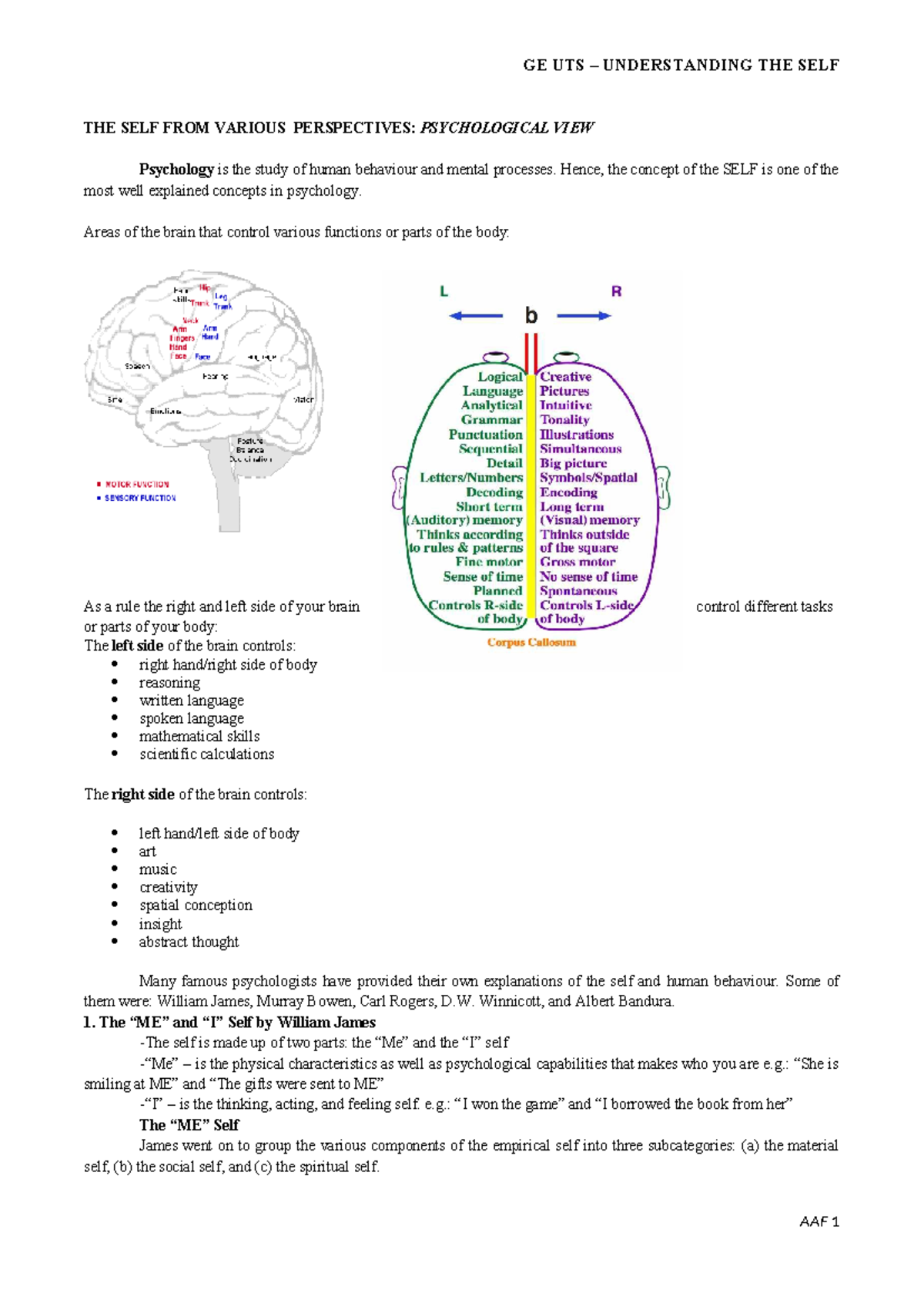 GE UTS UNDERSTANDING THE SELF: PSYCHOLOGICAL AND PHYSICAL PERSPECTIVES ...