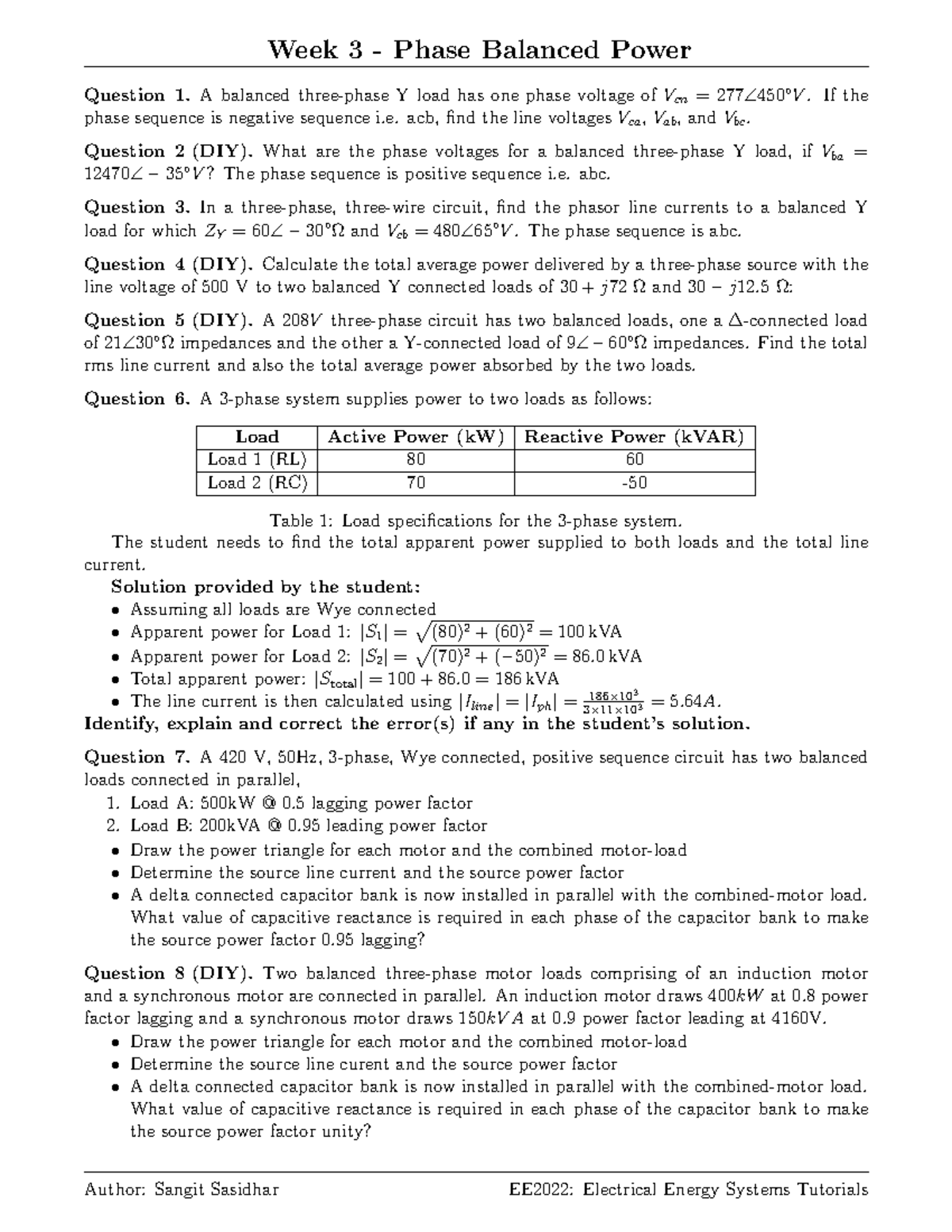 EE2022: Week 3 3-Phase Balanced Power Tutorial Questions - Studocu