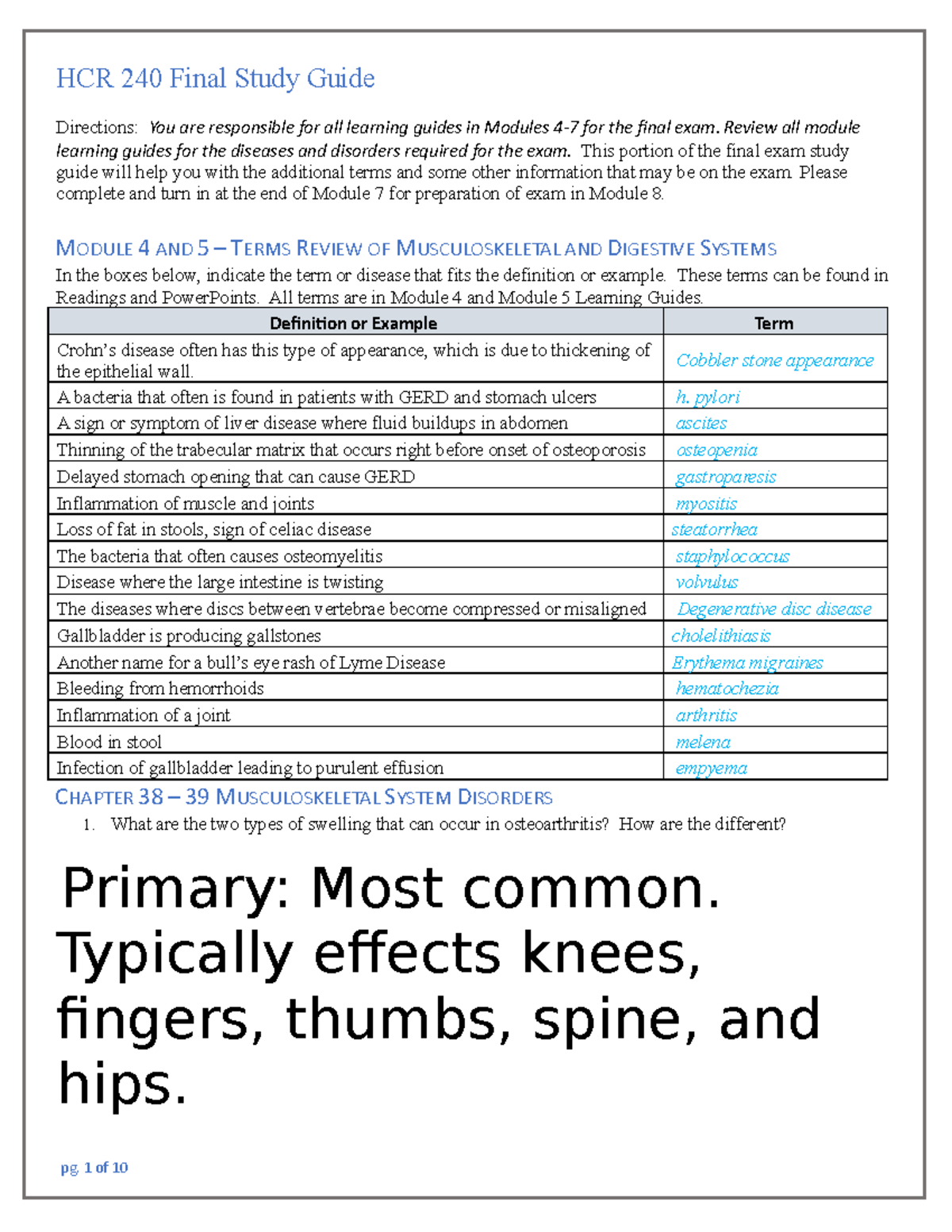 HCR 240 Final Exam Study Guide: Modules 4-7 Key Terms and Concepts ...