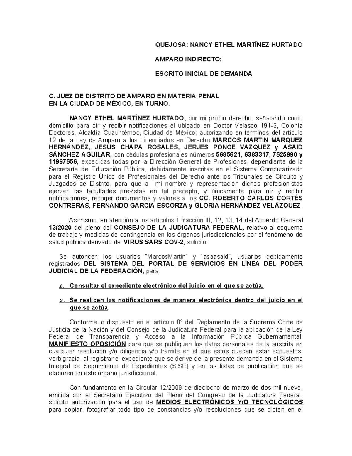 Amparo Indirecto: Demanda de Nancy Ethel Martínez Hurtado - Studocu