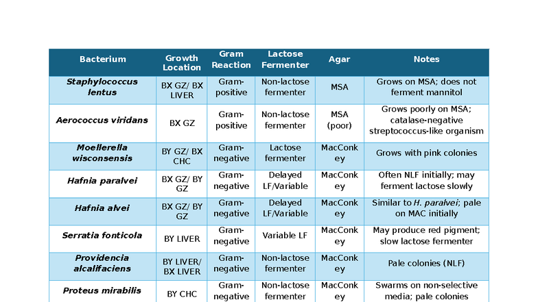 Bacteria Classification Notes: Gram Reaction & Fermentation (BX) - Studocu