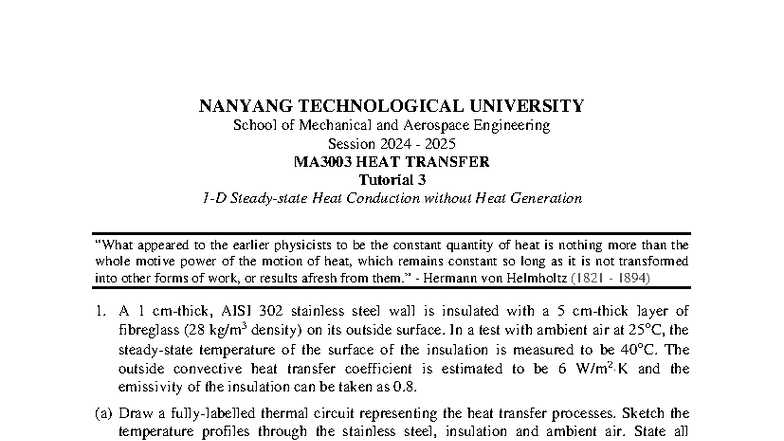 Tut 3 - MA3003 Heat Transfer: Conduction & Heat Flow Analysis - Studocu
