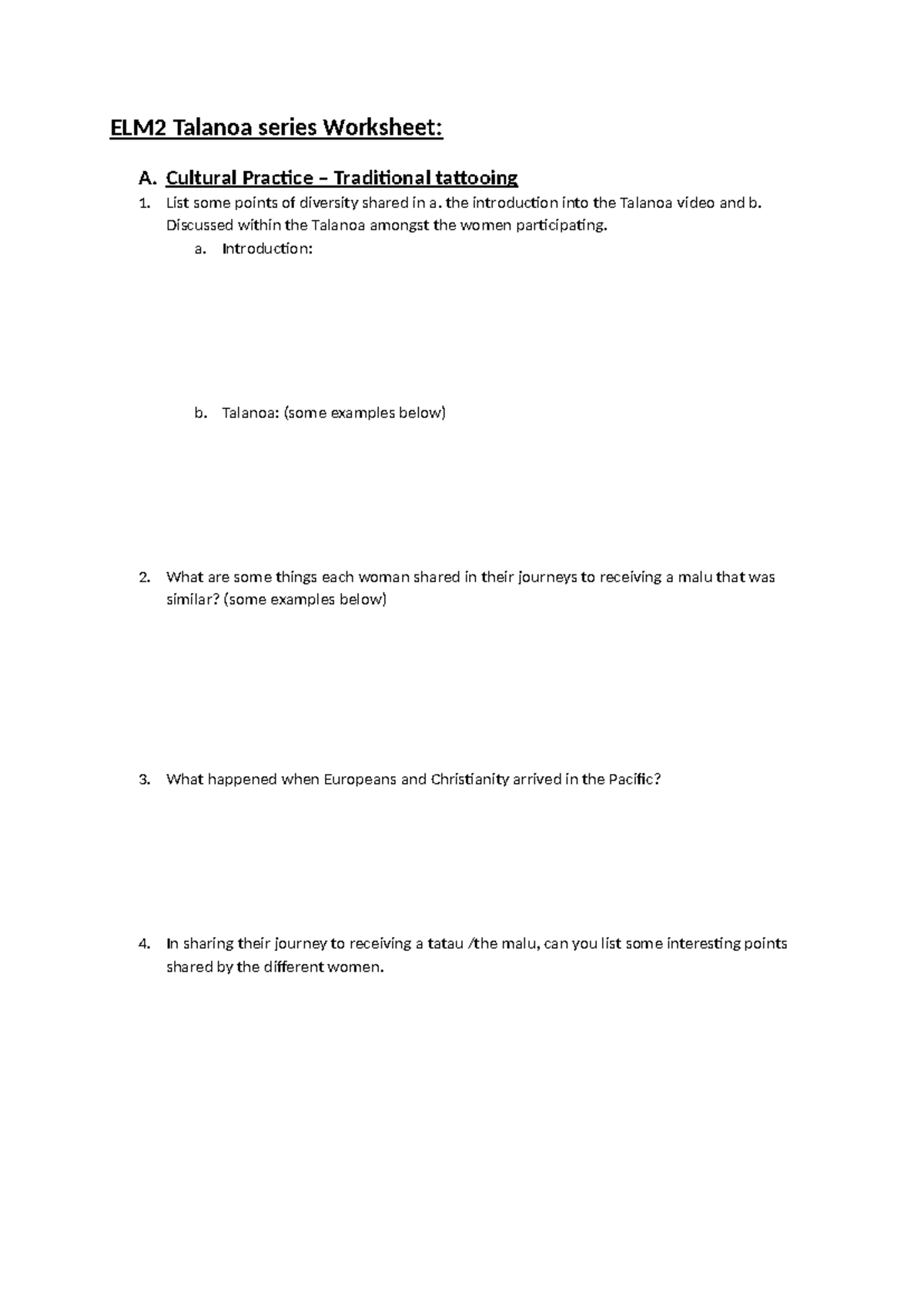 Talanoa Series Worksheet - Cultural Practice – Traditional tattooing 1 ...