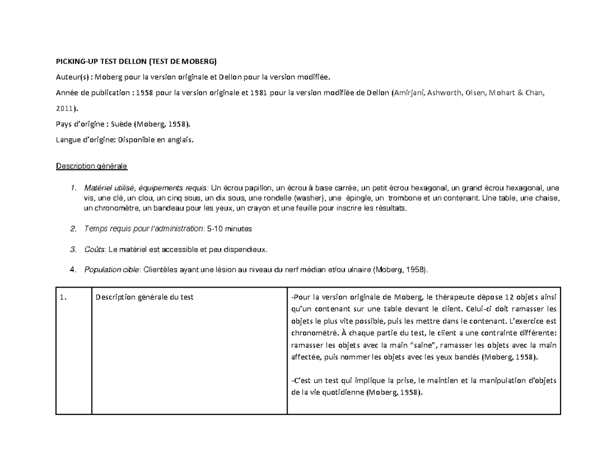 Évaluation du Test de Moberg et de la Version Modifiée de Dellon - Studocu