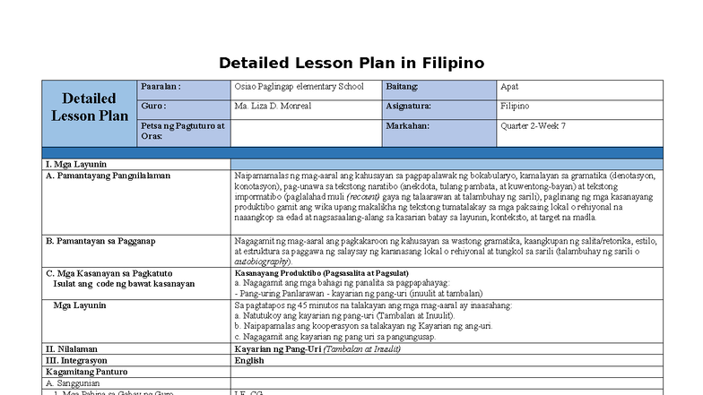Detailed Lesson Plan in Filipino Final - Detailed Lesson Plan in ...