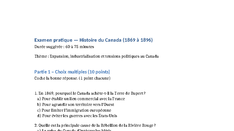 Examen Pratique Histoire du Canada (1869-1896) - Questions et Réponses ...