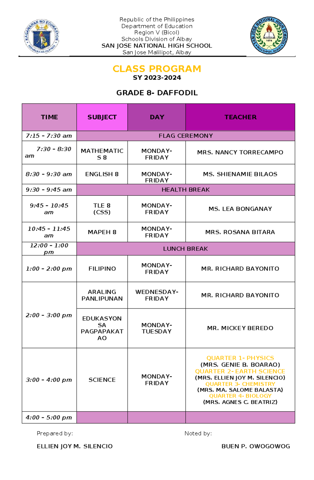 Class- Program - schedule - Republic of the Philippines Department of ...