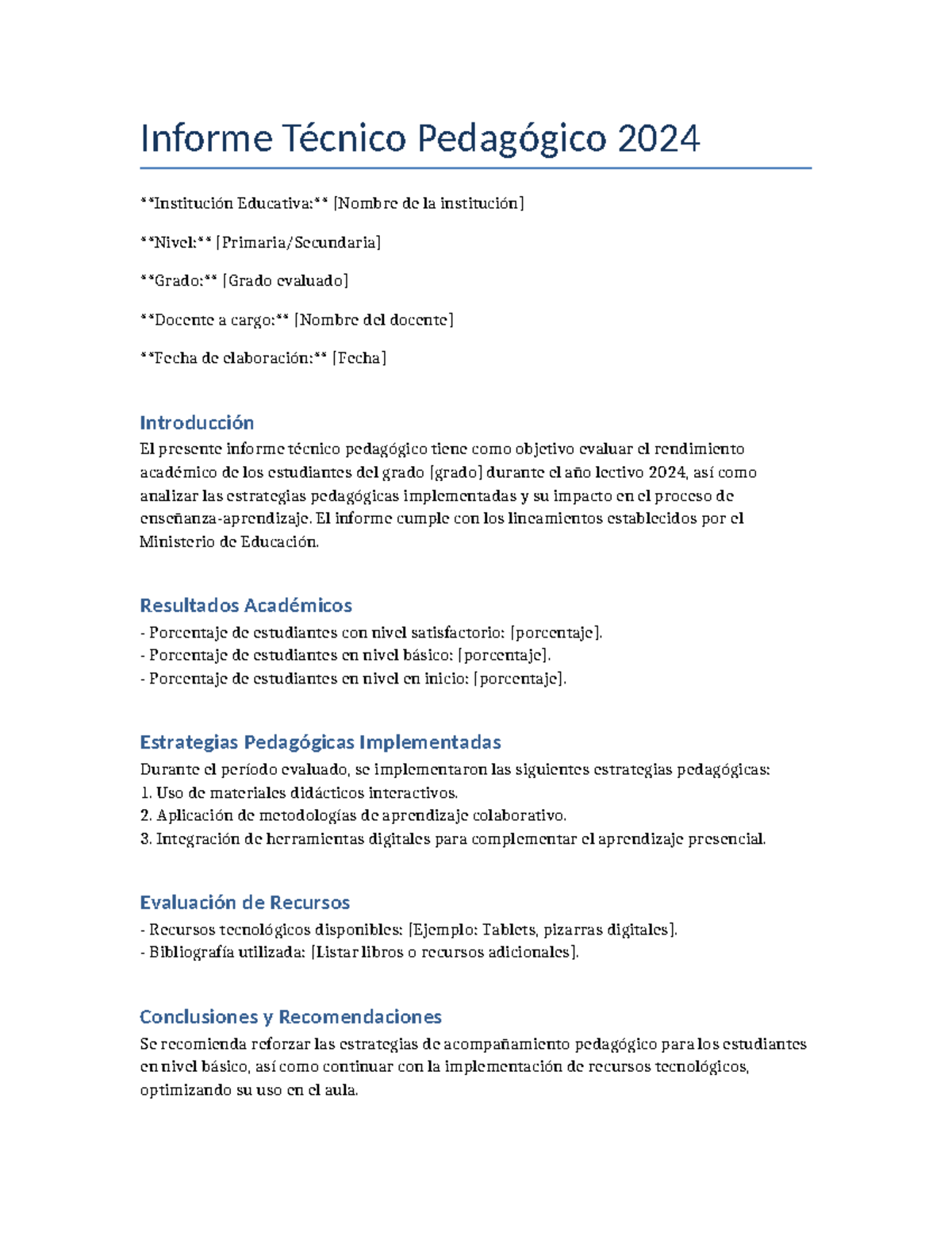 Informe Técnico Pedagógico 2024 - Evaluación y Estrategias Educativas - Studocu