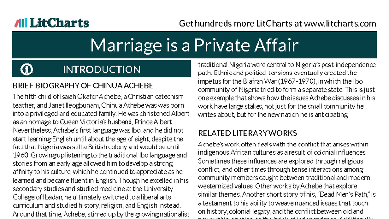 Marriage is a Private Affair: LitChart Study Notes for INTR 101 - Studocu