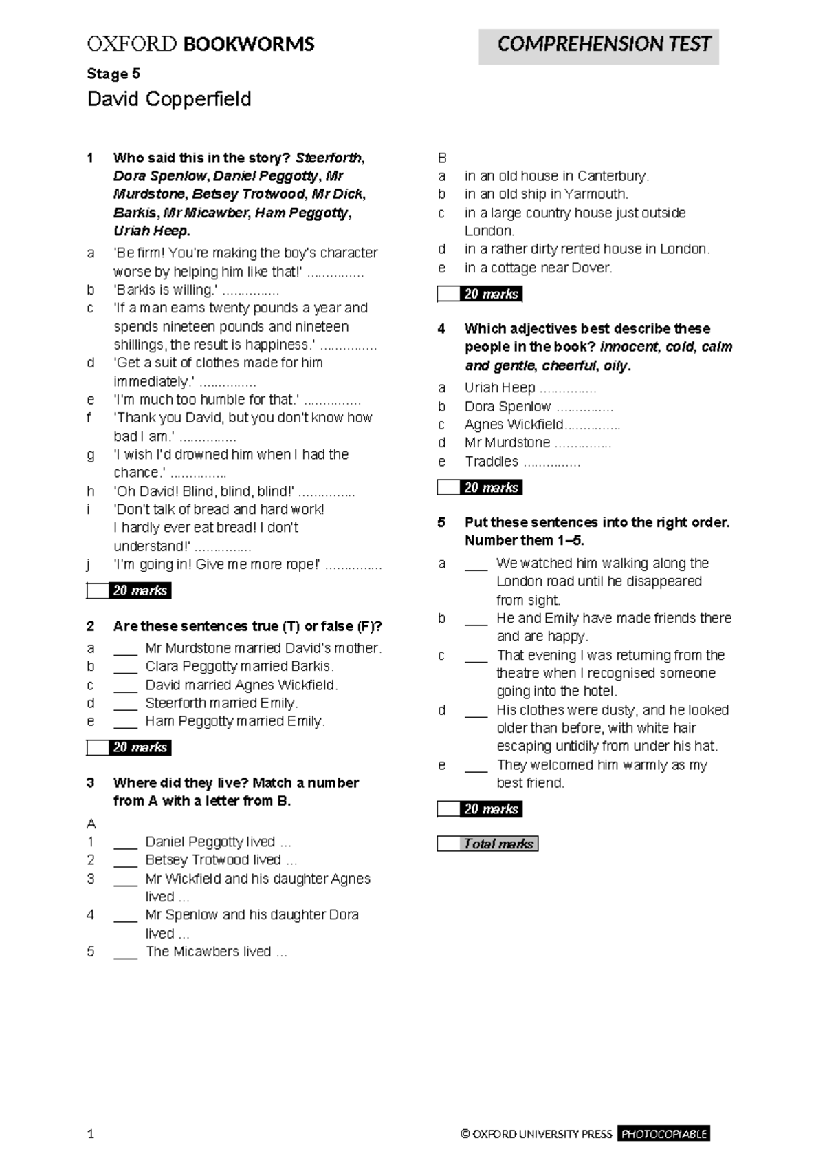 OXFORD BOOKWORMS COMPREHENSION TEST Stage 5: David Copperfield ...