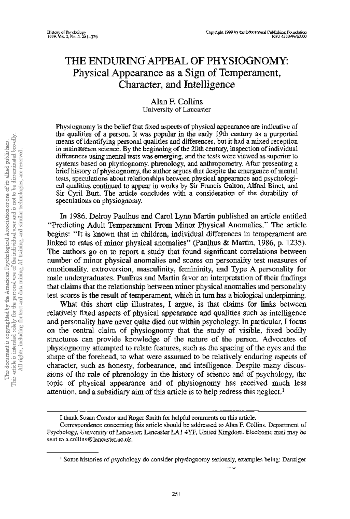 The Enduring Appeal of Physiognomy in Psychology: A Study (PSY 101 ...