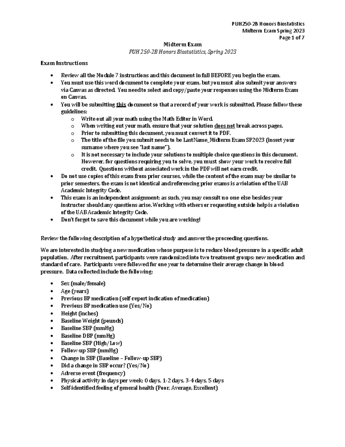 Midterm Exam SP2023 - Midterm Exam Spring 2023 Page 1 of 7 Midterm Exam PUH 250-2B Honors - Studocu