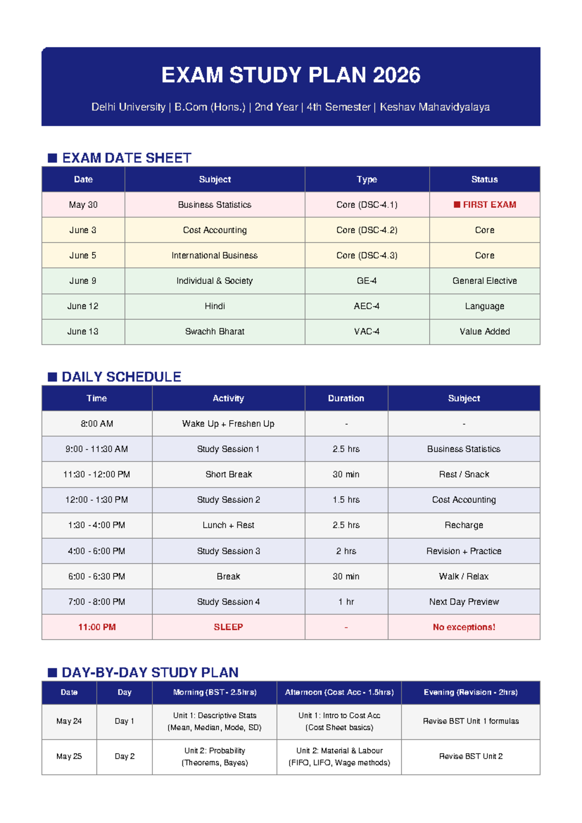 Study Plan for DU B.Com (Hons.) 2nd Year 4th Sem Exams 2026 - Studocu