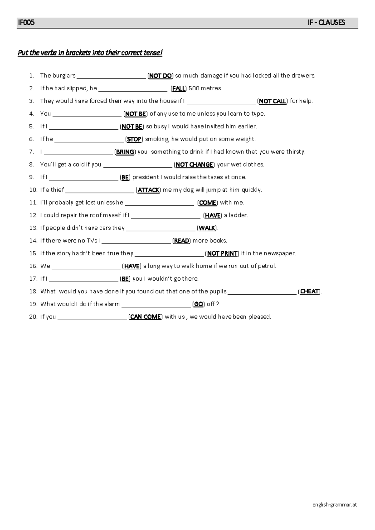 IF005 Conditionals B1+ Exercises: Verb Tenses in If Clauses - Studocu