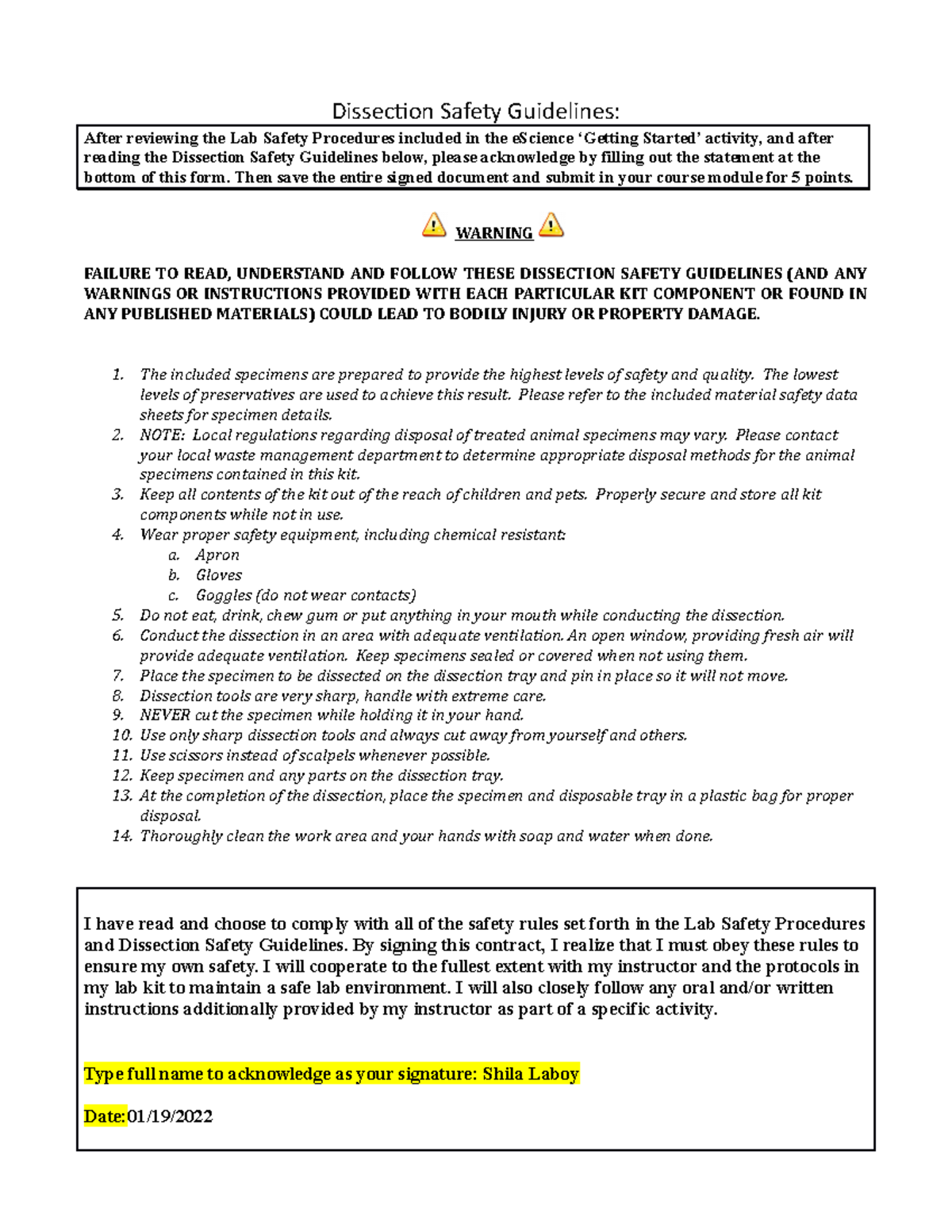 Lab Safety Sheet - Dissection Safety Guidelines: After reviewing the ...