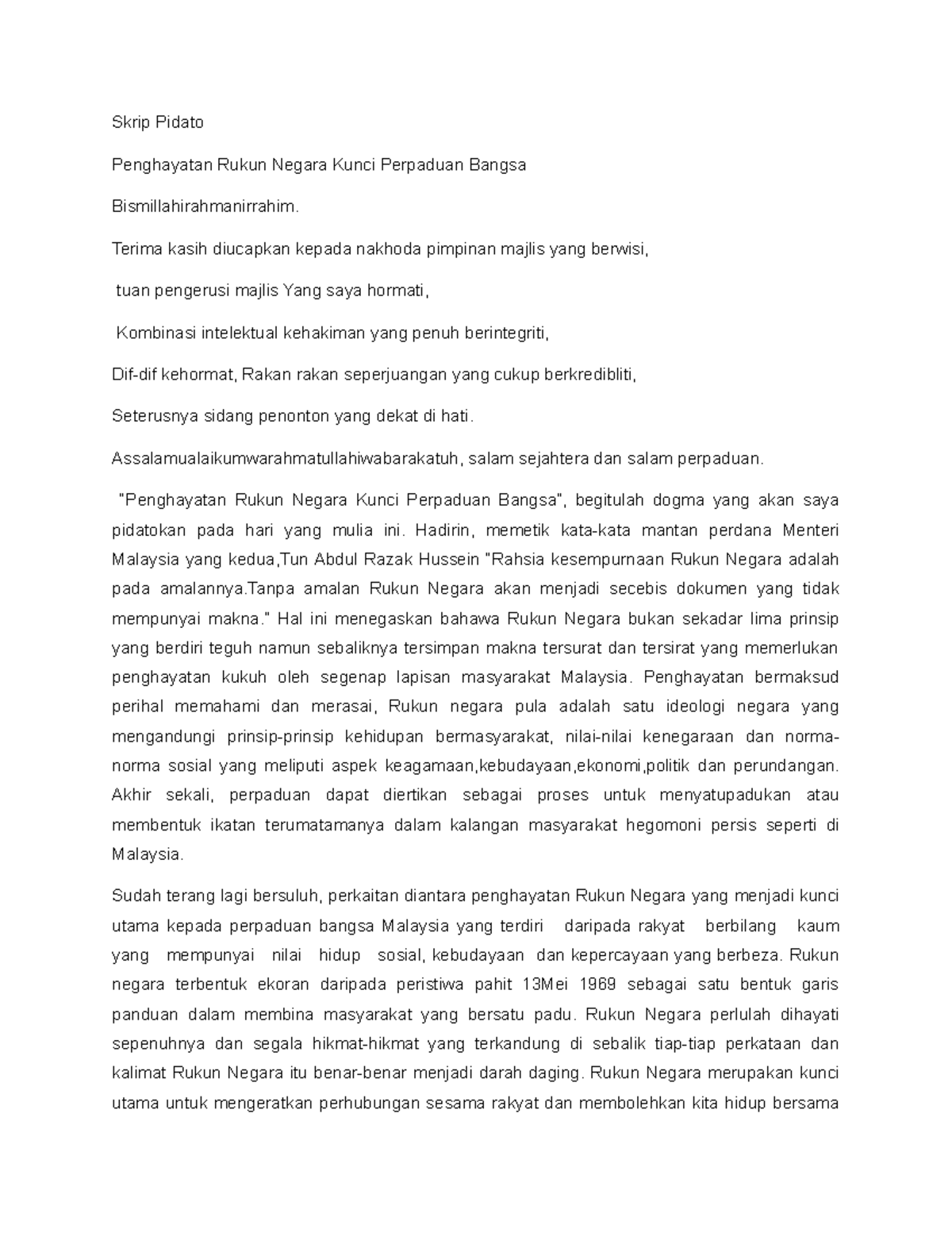 Skrip Pidato: Penghayatan Rukun Negara sebagai Kunci Perpaduan - Studocu