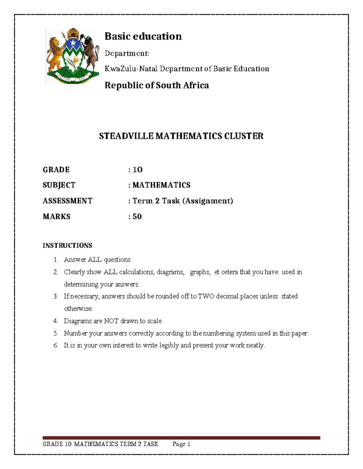 Grade 10 Mathematics Term 2 Assignment - Steadville Cluster - Studocu