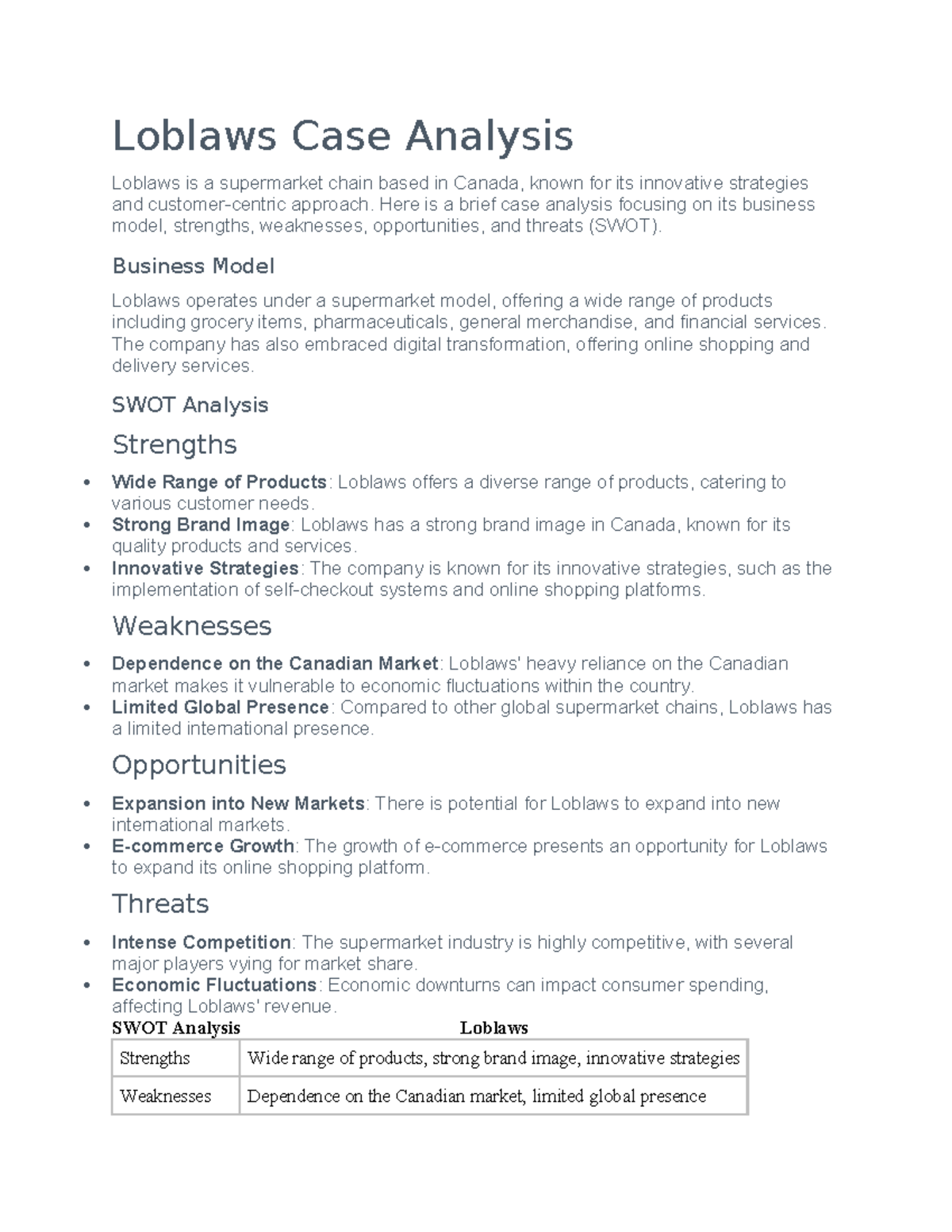 Loblaws Case Study: SWOT Analysis of a Canadian Supermarket - Studocu
