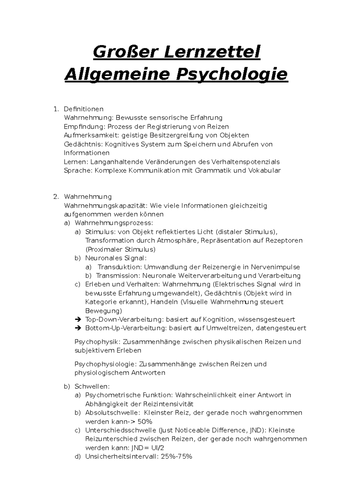 Großer Lernzettel zur Allgemeinen Psychologie 1: Wahrnehmung und Gedächtnis - Studocu