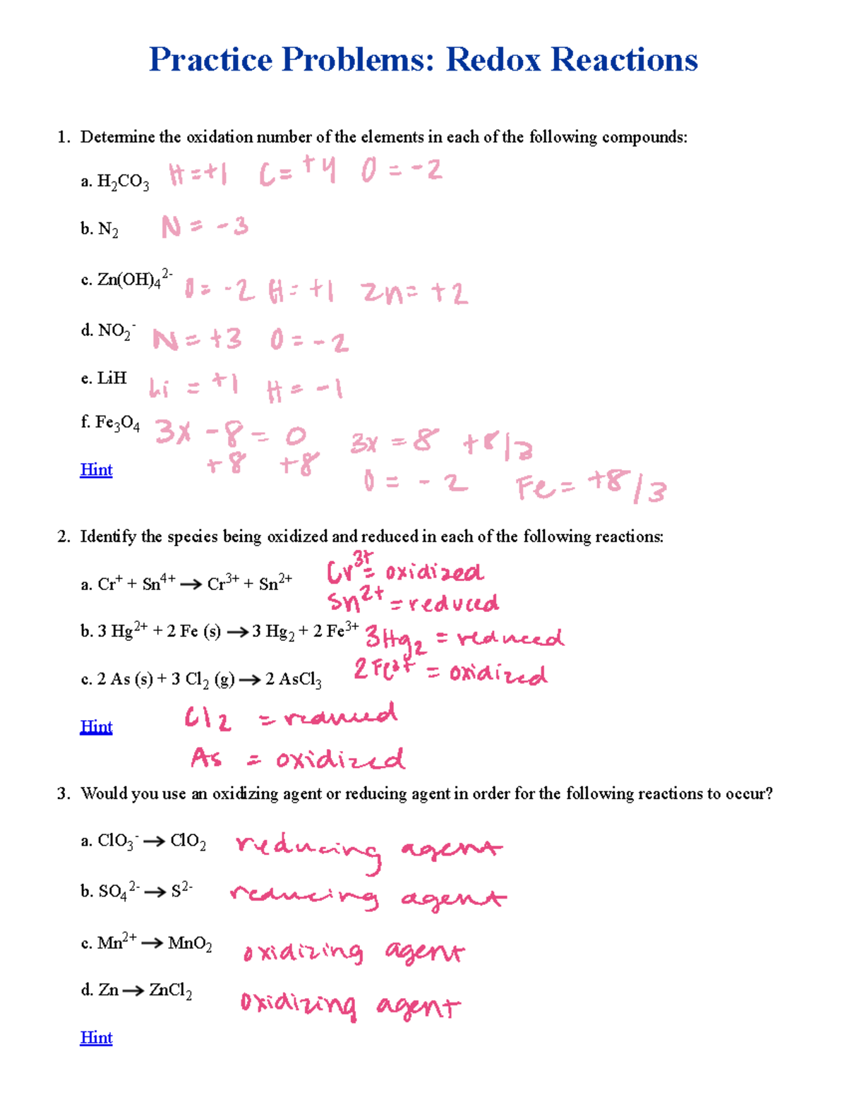 Practice Problems: Redox Reactions - Practice Problems: Redox Reactions ...