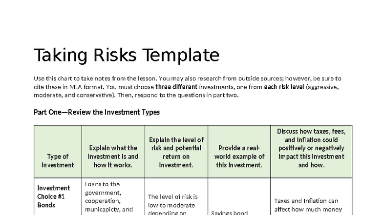 Investment Risk Analysis Template: Notes on Aggressive, Moderate, and ...