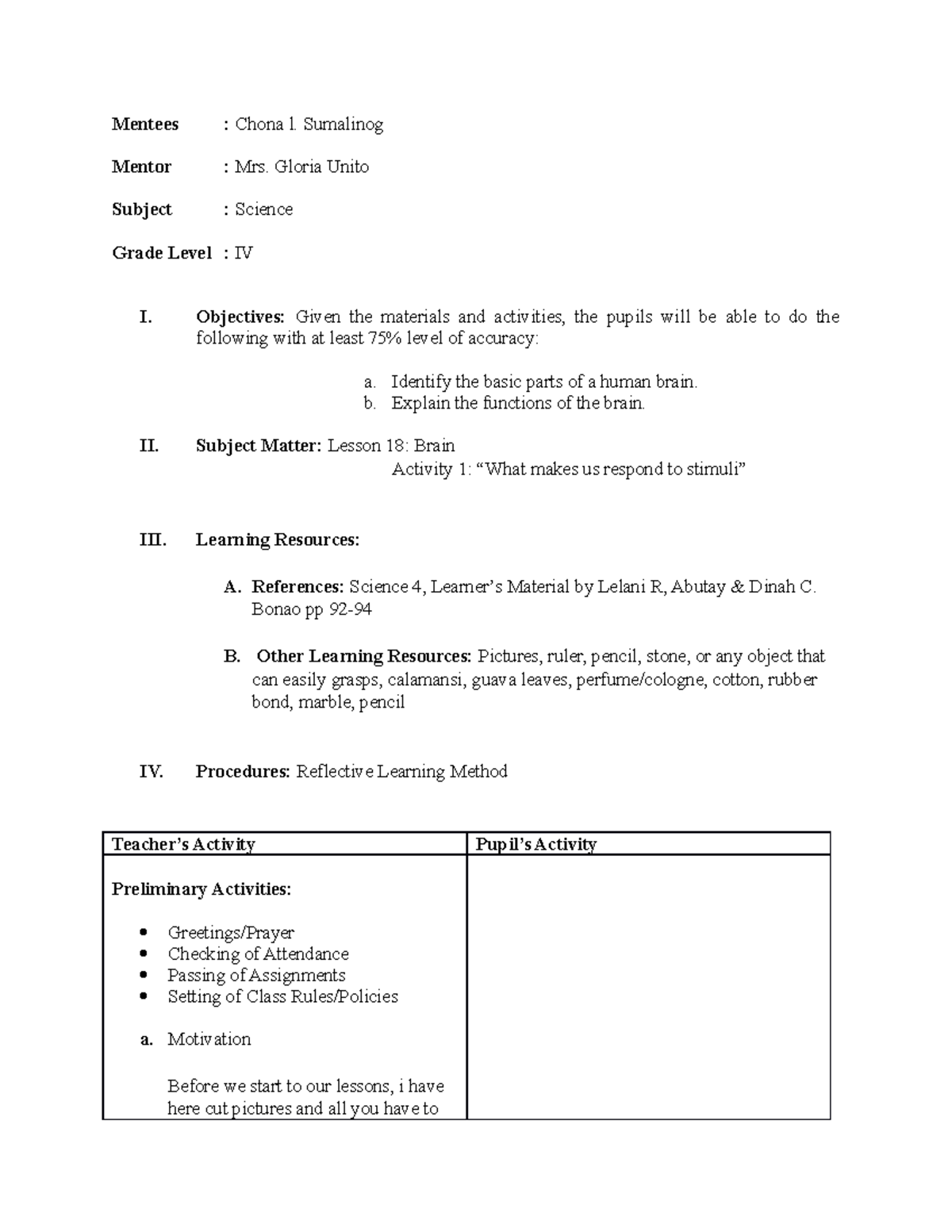 Reflective Practice Materials: Science Lesson Plan for Grade IV - Studocu