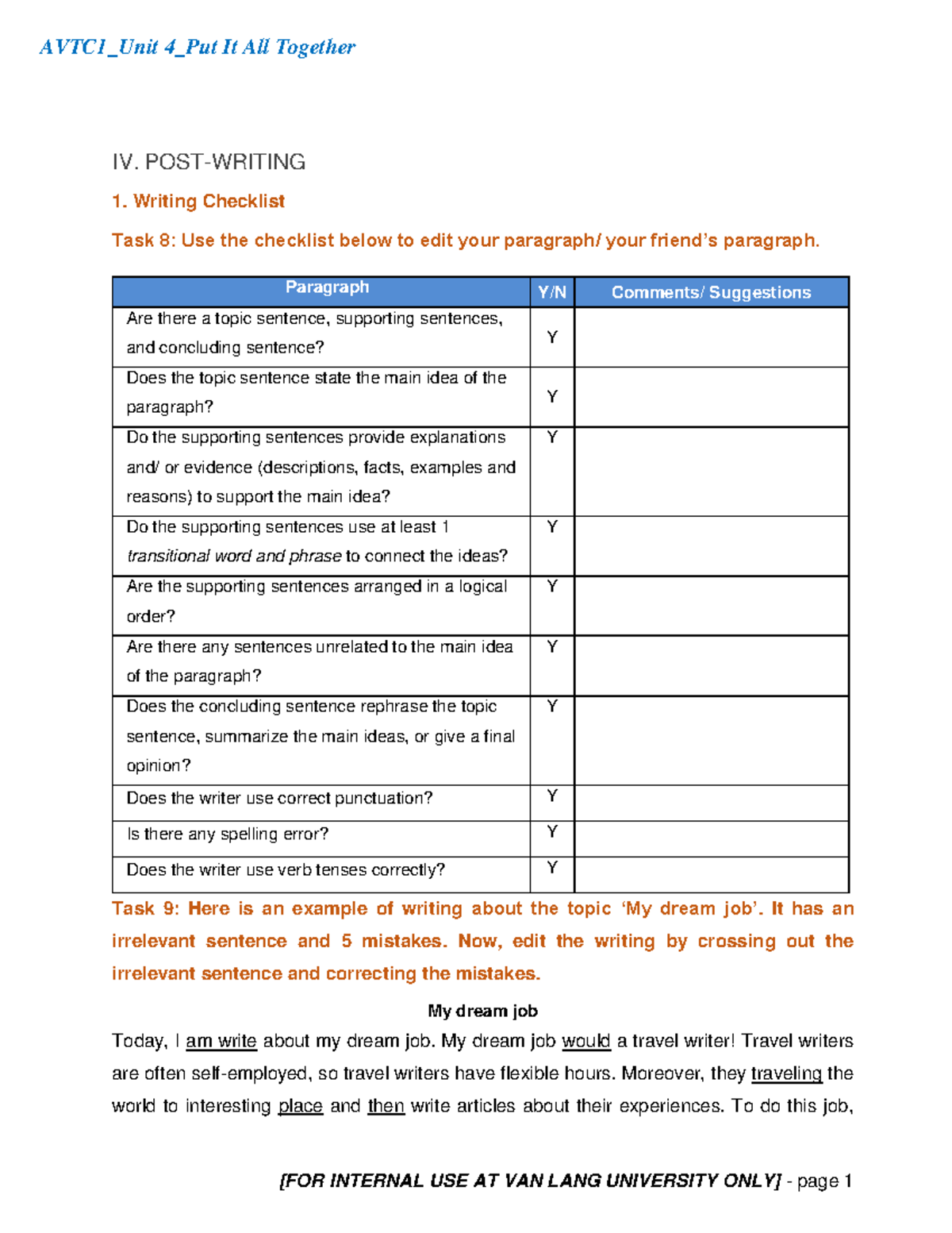 AVTC1 - Unit 4 Writing Techniques: Paragraph Development After Class ...