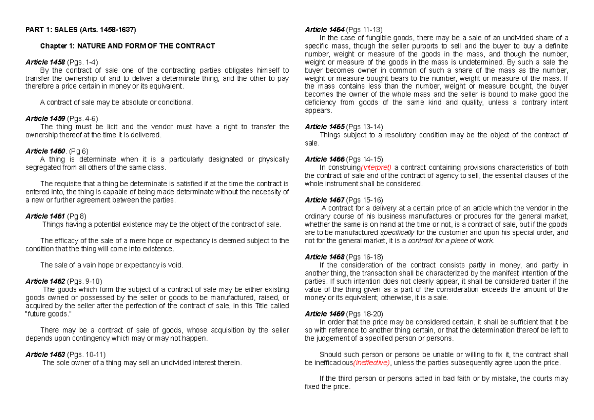 Sales Law Articles: Nature, Form, and Obligations (Arts. 1458-1505 ...