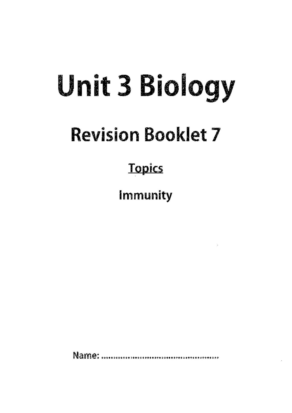 Unit 3 Biology Revision Booklet 7: Immunity Overview and Exam Questions ...