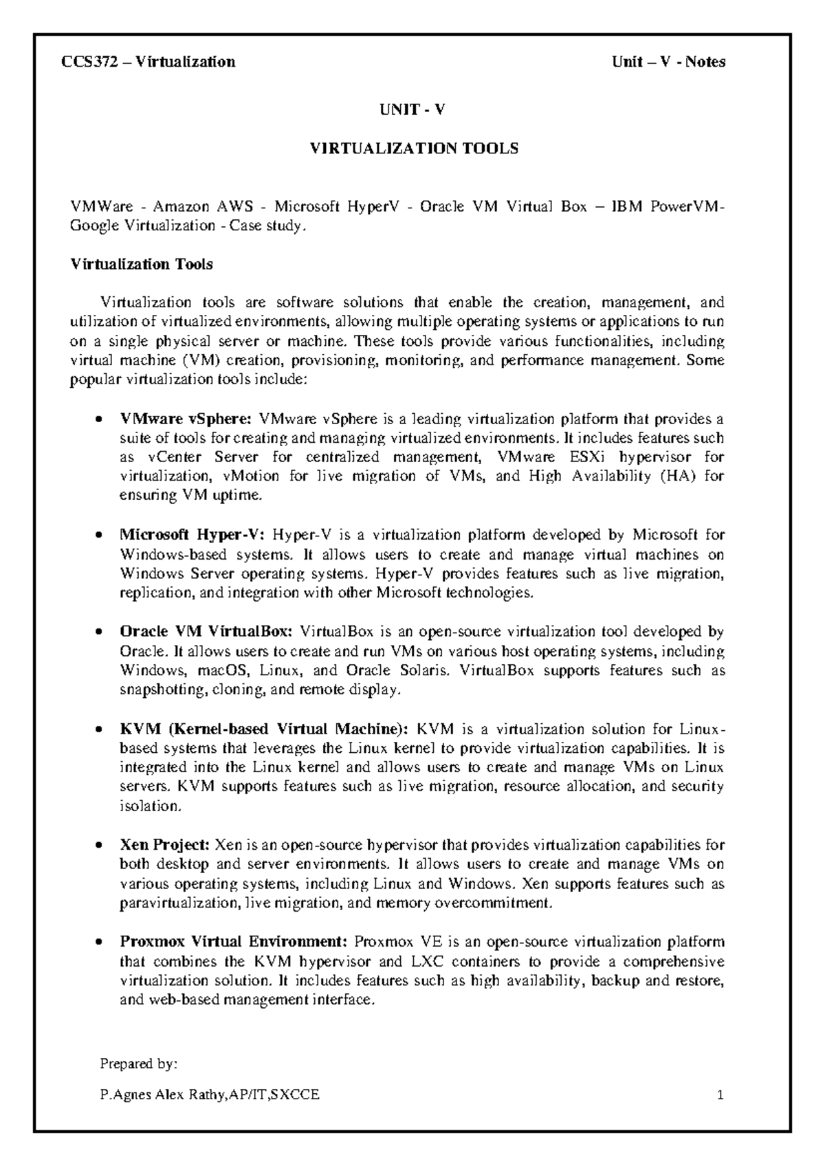 UNIT-V: Virtualization Tools Overview and Case Studies - Studocu