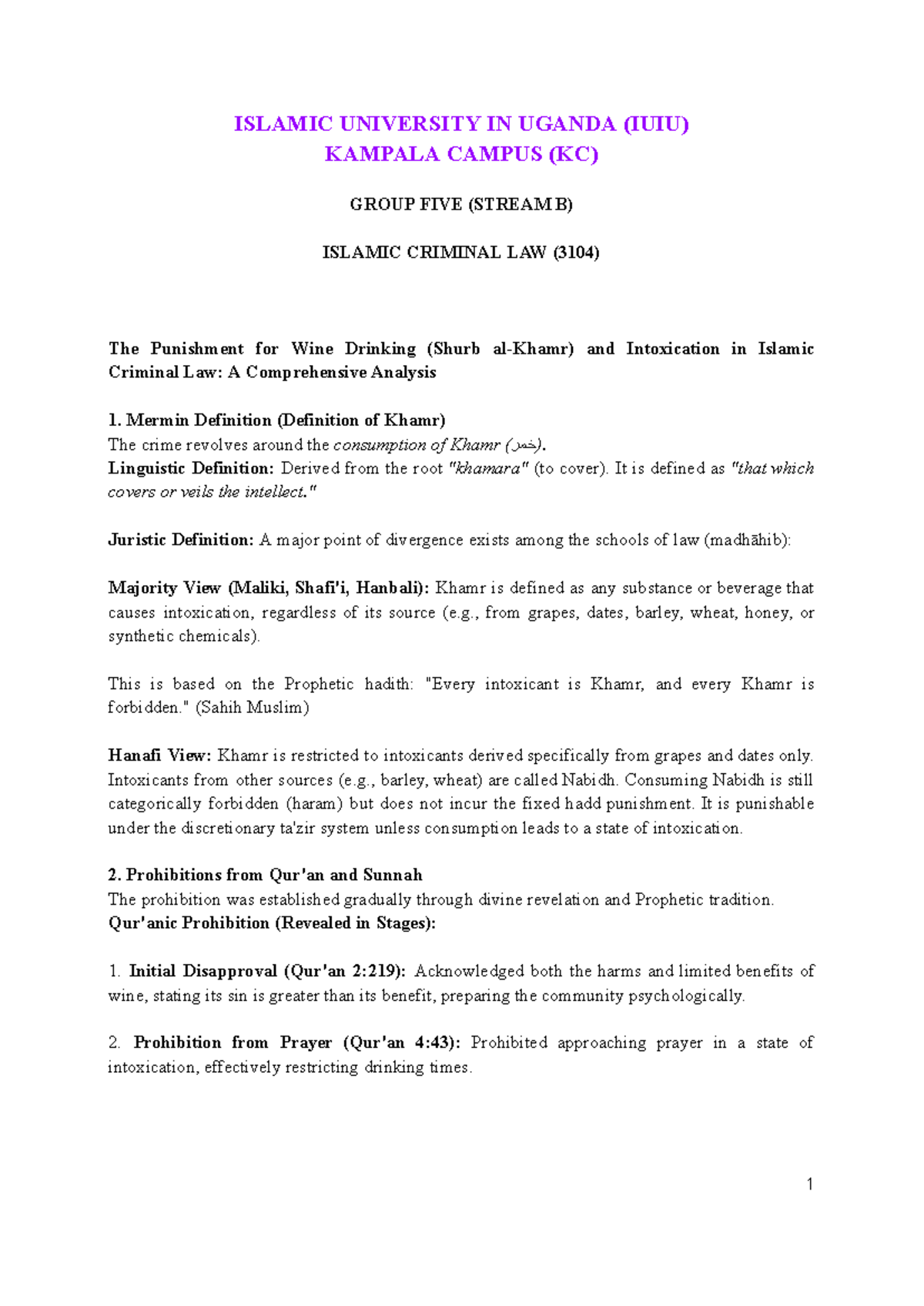 IUIU KC Islamic Criminal Law (3104) Analysis of Wine Drinking ...