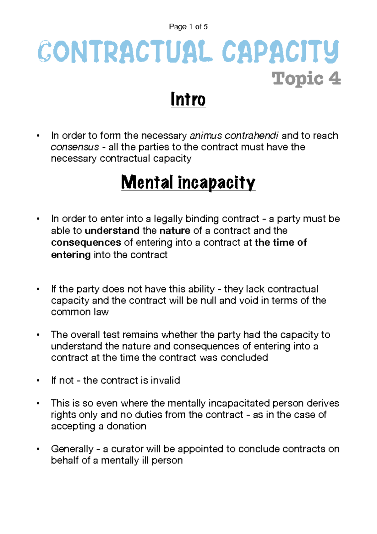 Contractual Capacity - LAW 101 Lecture Notes on Mental Competence - Studocu