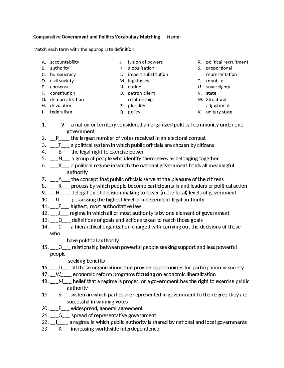 Comp Gov & Politics Vocabulary Matching Answer Key - Studocu