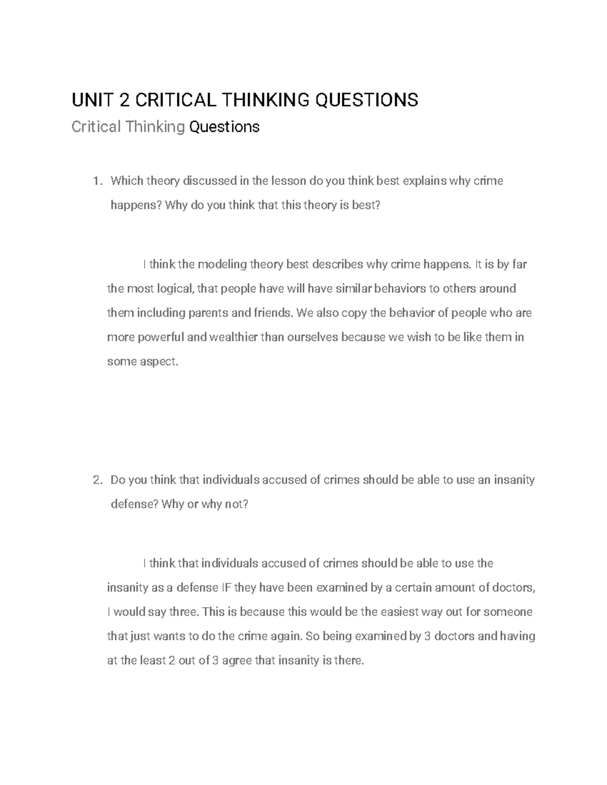 UNIT 2 Critical Thinking Questions on Crime Theory and Influences - Studocu