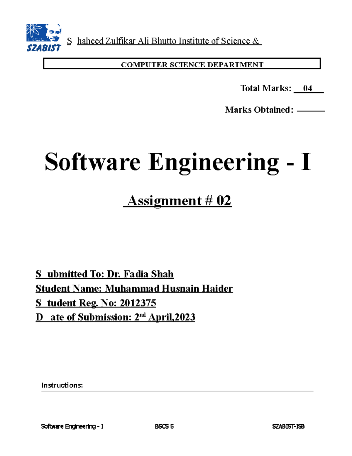 SZB-ISB CS Dept: SE-I Assignment #02 - Requirement Elicitation ...