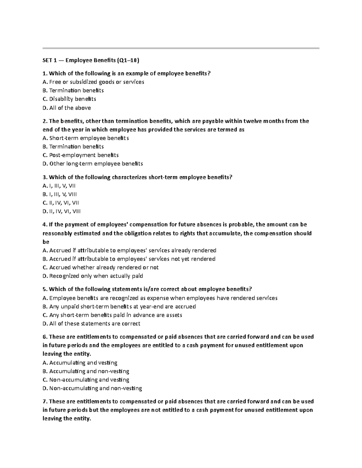 FAR Employee Benefits Study Guide: SET 1, 2 & 3 Overview - Studocu