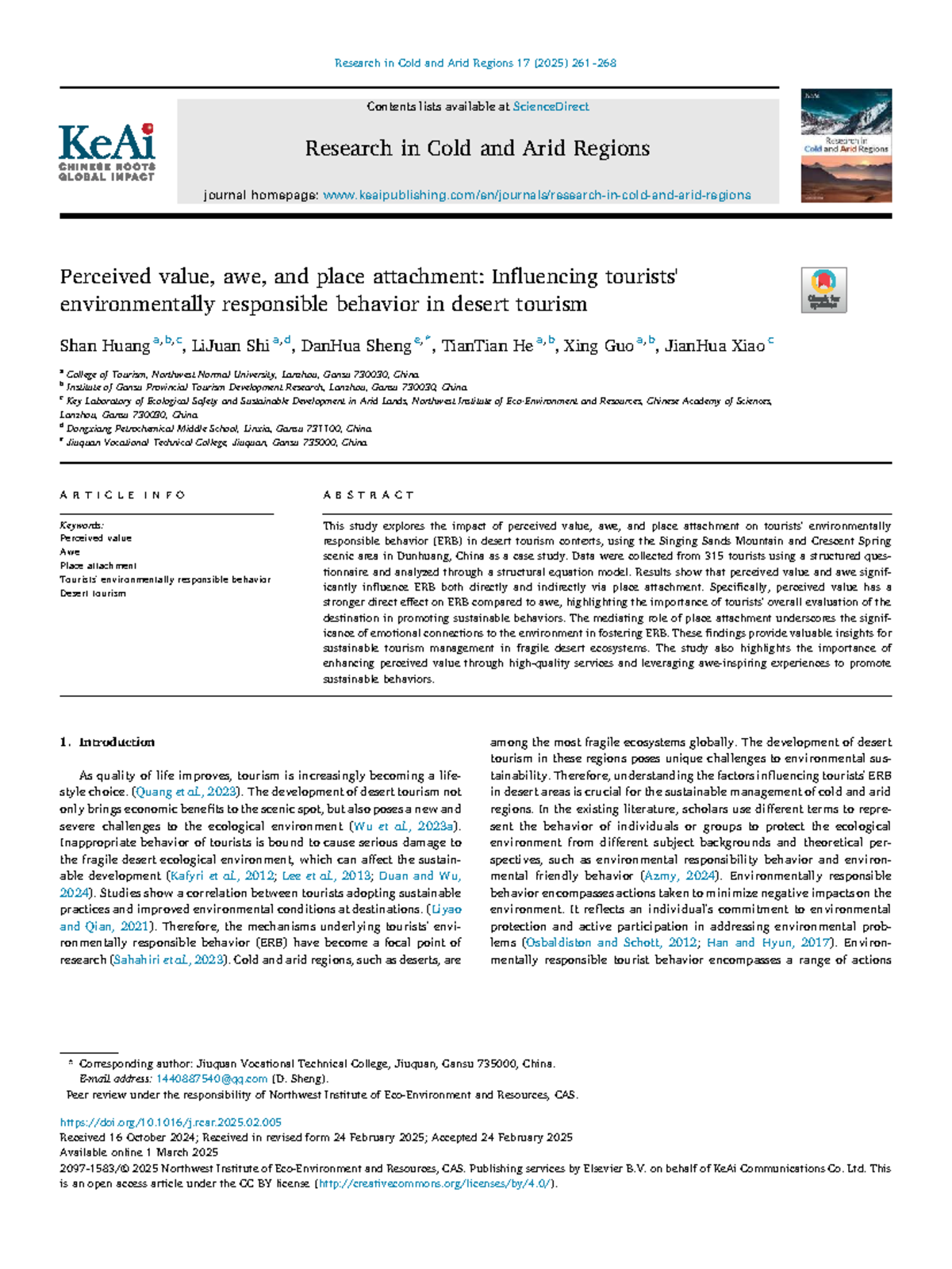 Perceived Value and Place Attachment in Desert Tourism: Insights from ...