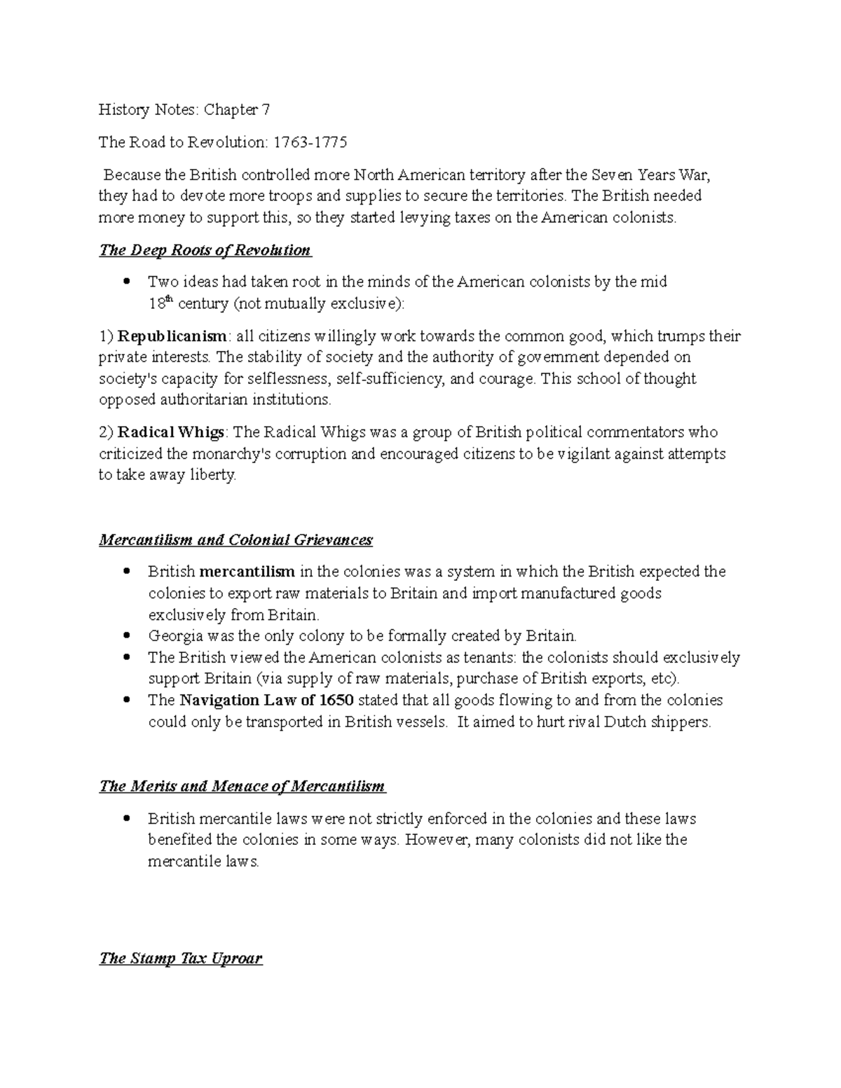 History Notes Ch 7 - History Notes: Chapter 7 The Road to Revolution ...