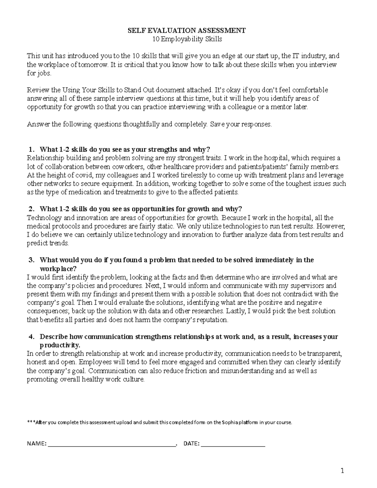 SELF Evaluation Assessment: 10 Employability Skills Touchstone 1 - Studocu