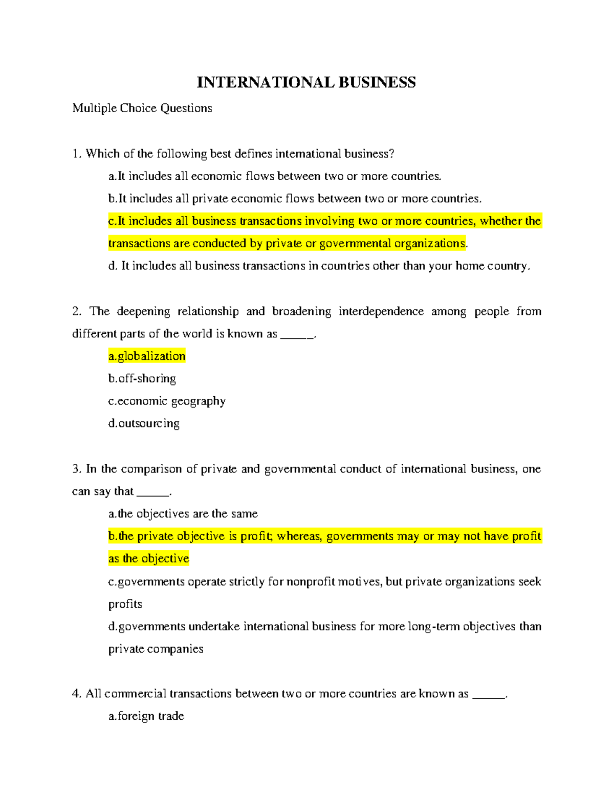 IB 101: International Business Multiple Choice Questions Revision Guide ...
