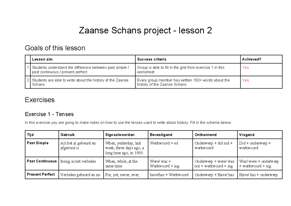 Worksheet 2 (1) - grammar - Zaanse Schans project - lesson 2 Goals of ...