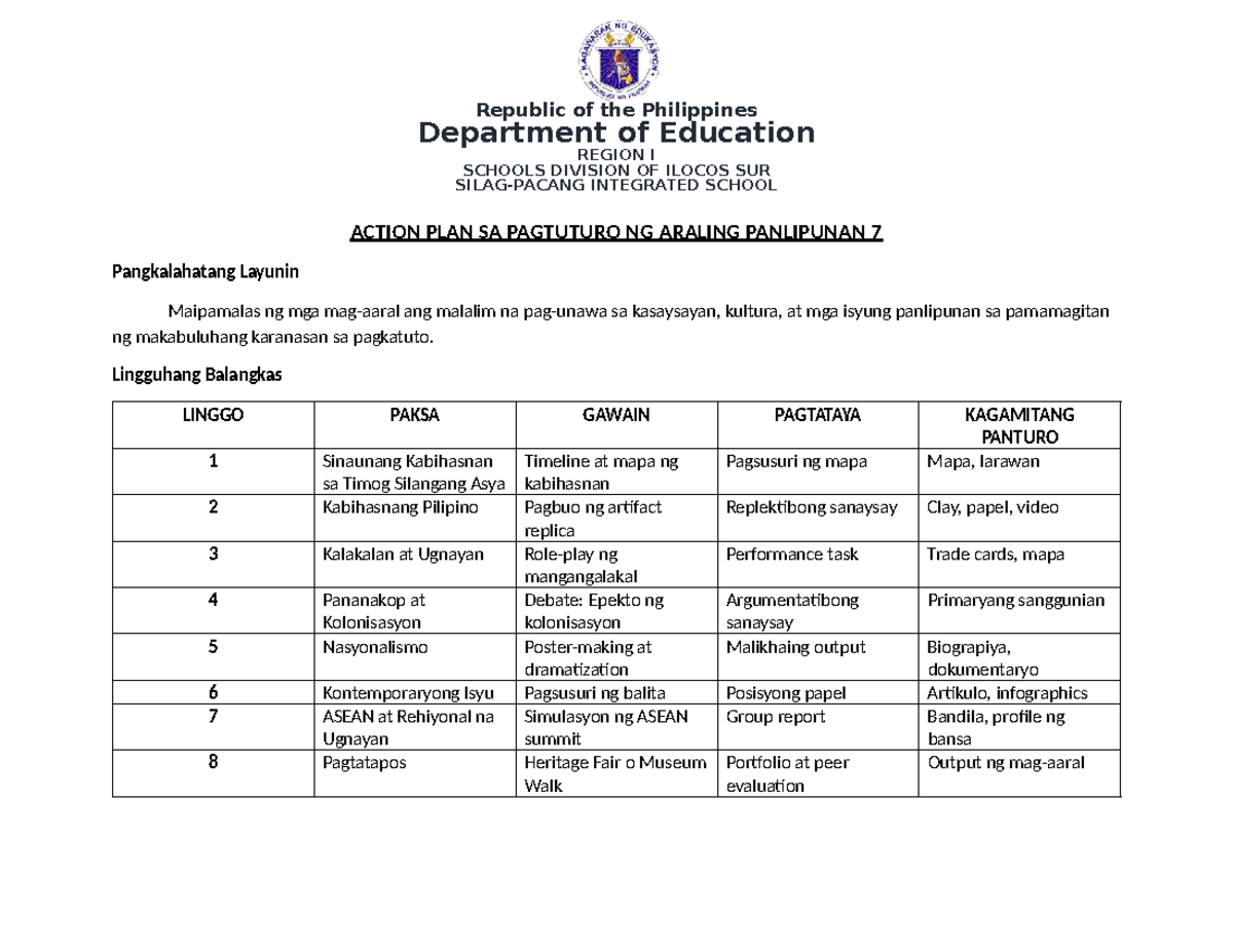 Action Plan sa Pagtuturo ng Araling Panlipunan 7 - Studocu