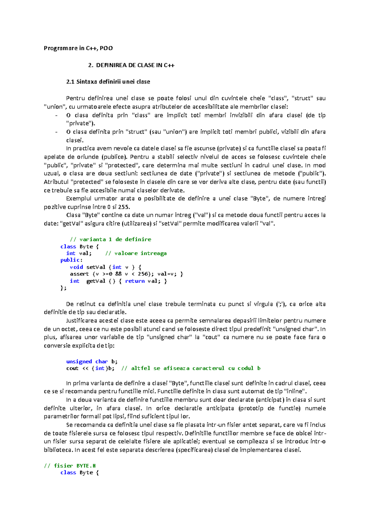 Definirea DE Clase IN C++ - Programare in C++, POO 2. DEFINIREA DE ...