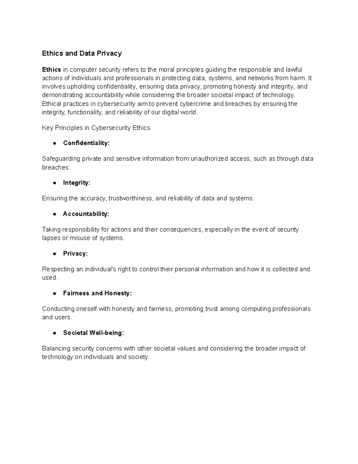 Computer Security Ethics: Principles of Data Privacy and Protection - Studocu