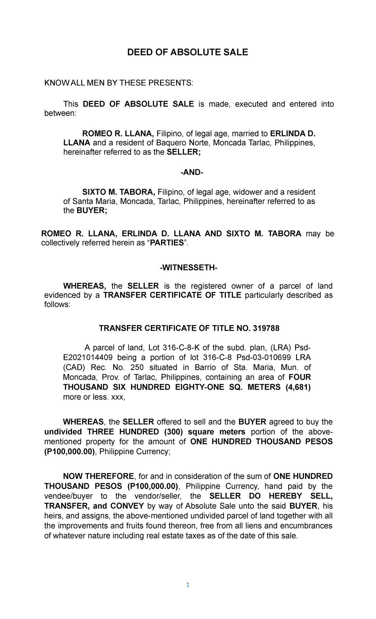 Deed of Absolute Sale - DEED OF ABSOLUTE SALE KNOW ALL MEN BY THESE PRESENTS: This DEED OF ...