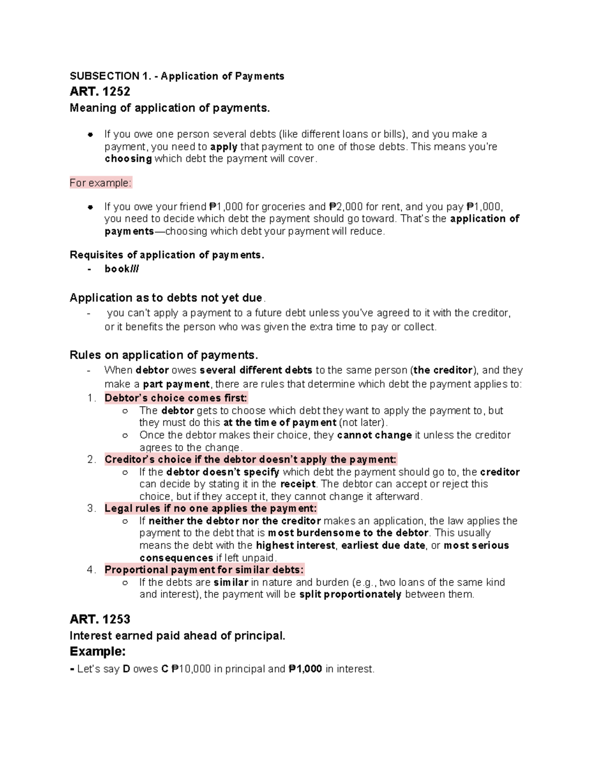 Application of Payments and Consignation: Articles 1252-1260 Notes ...